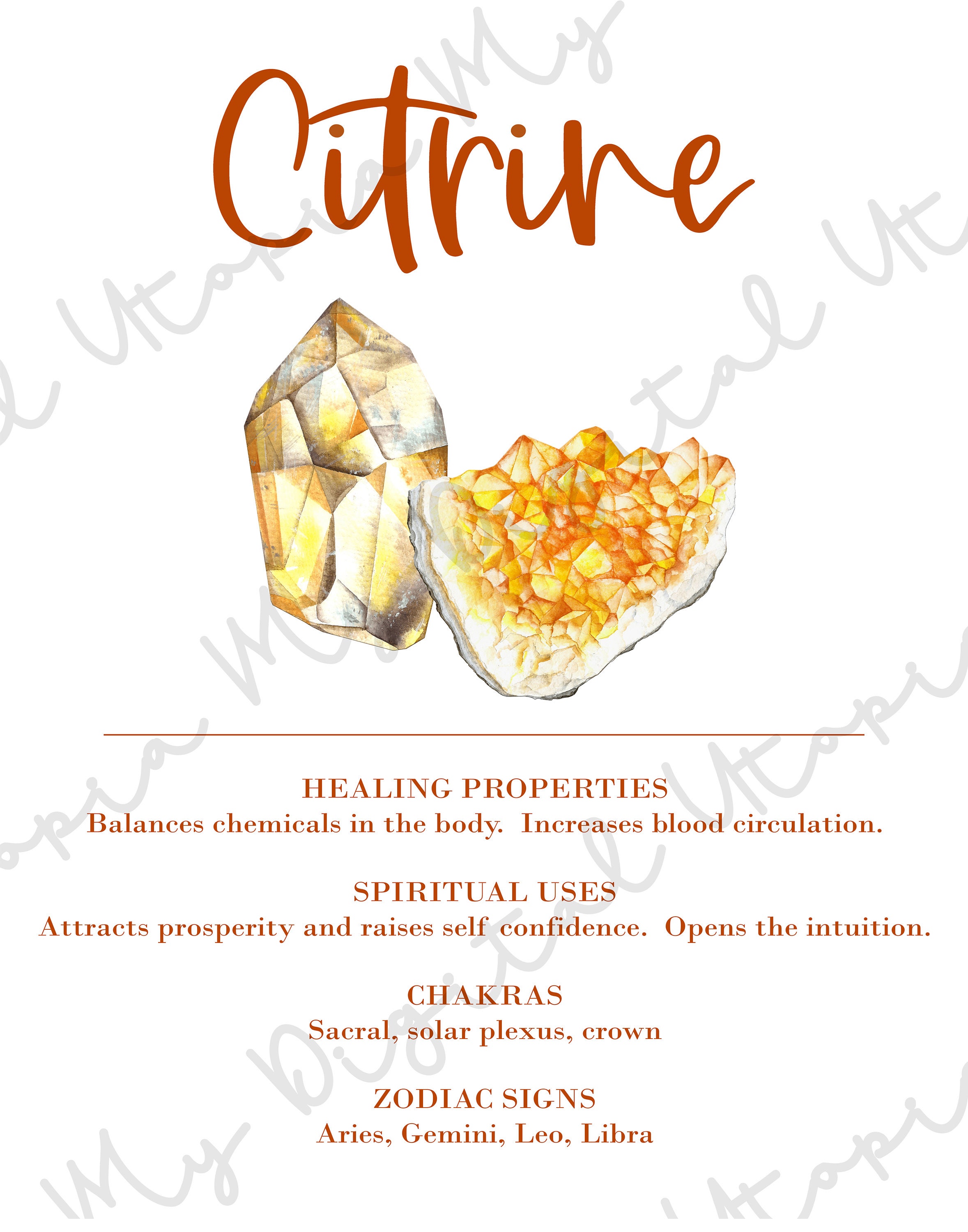 Citrine Crystal Print | Printable Poster Lists Healing Properties ...