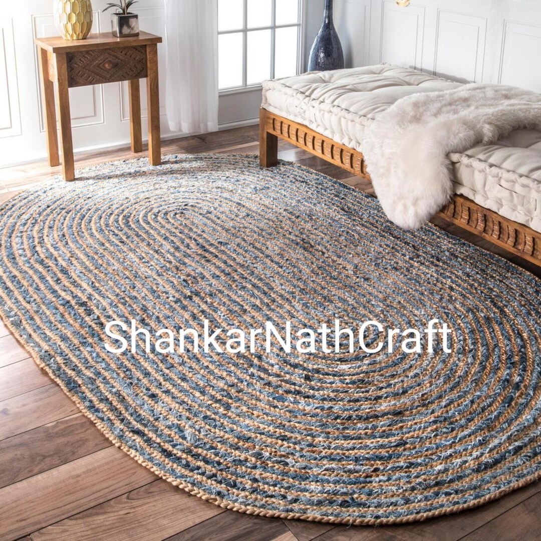 Braided Denim Oval Rug Bohemian Denim Cotton Jute Area Rug Oval Shape ...