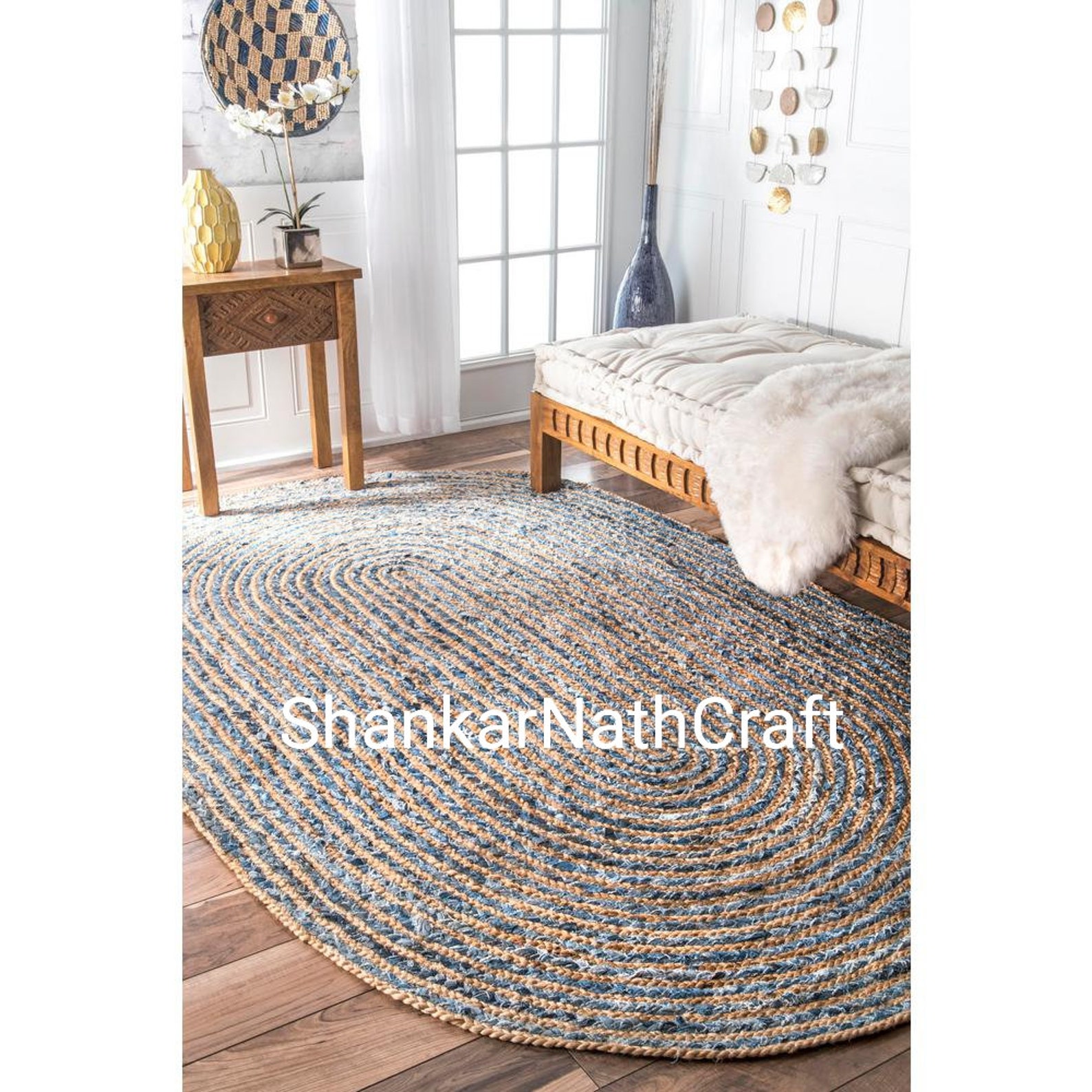 Braided Denim Oval Rug Bohemian Denim Cotton Jute Area Rug Oval Shape ...
