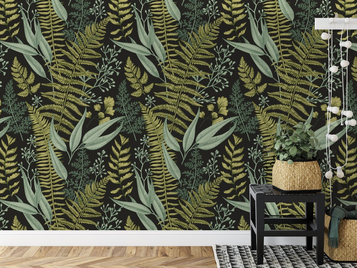 Dark Fern Leaves Wallpaper Minimalistic Scandinavian Design - Etsy