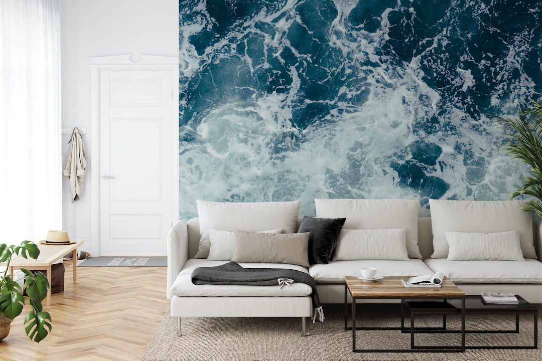 Dark Blue Ocean Waves Wallpaper Minimalistic Design Peel and - Etsy