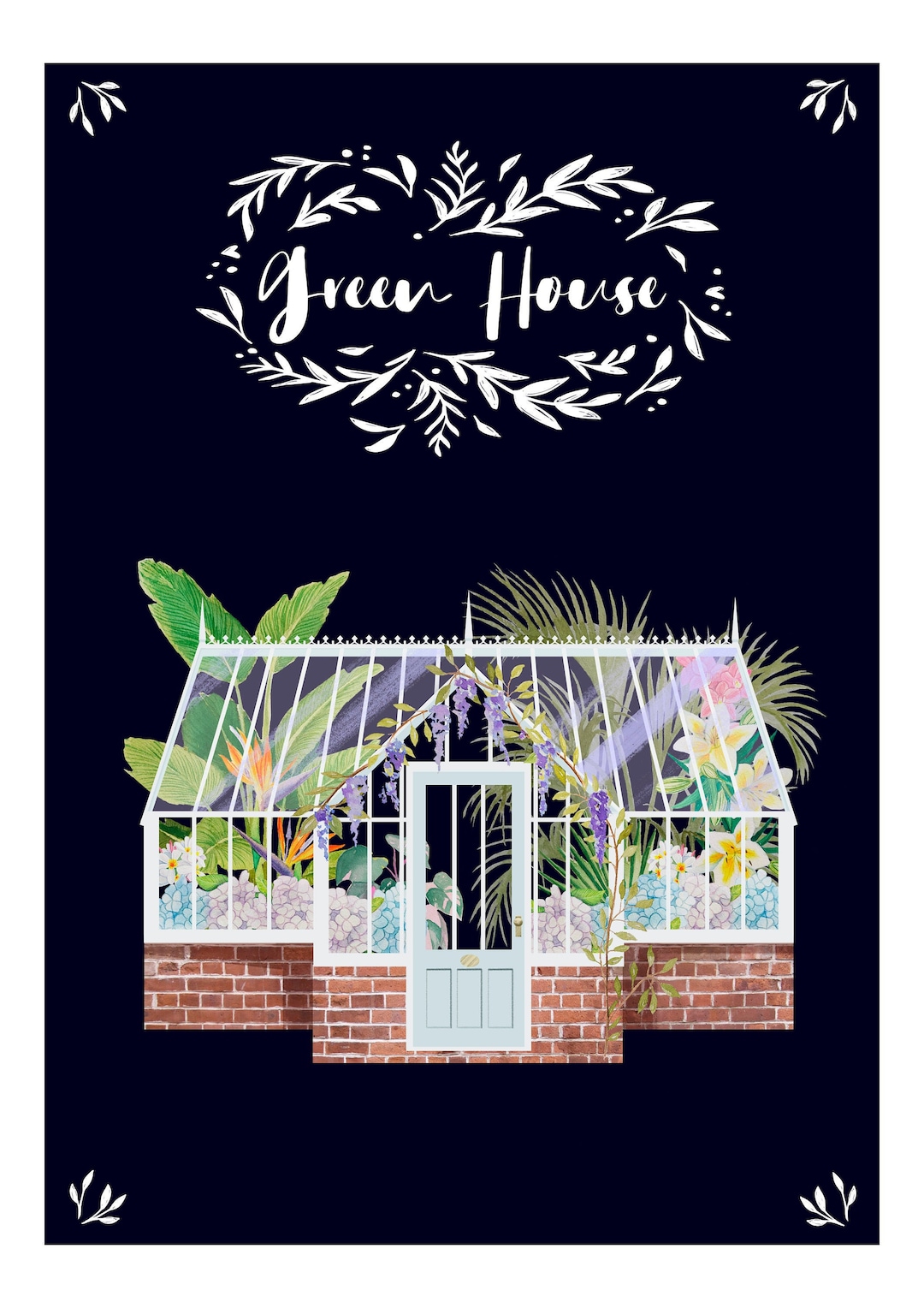 Botanical Garden Poster, Watercolor Botanical Garden, Greenhouse ...