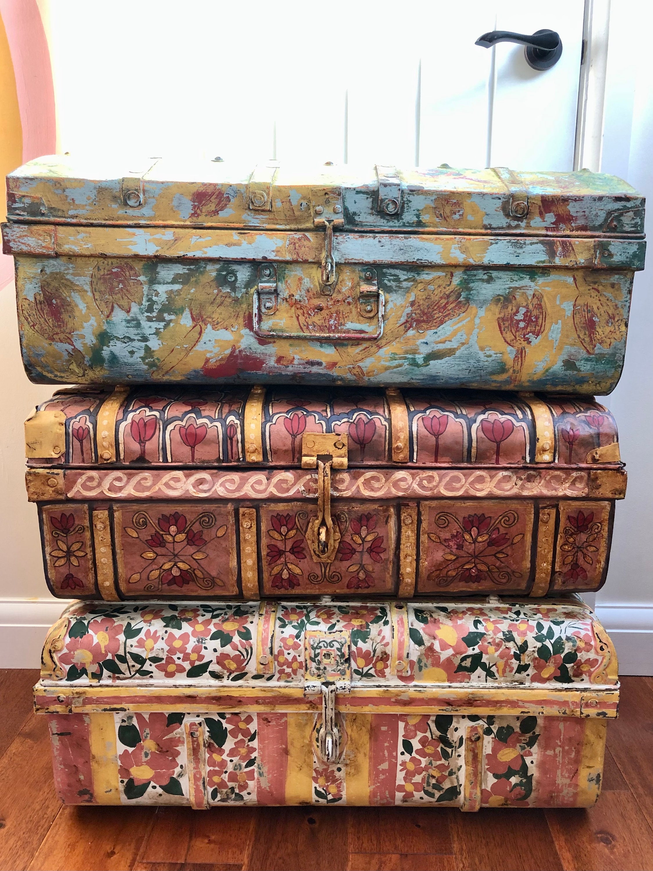 Large Hand Painted Folk Art Antique Vintage Metal Trunk Blanket Box ...