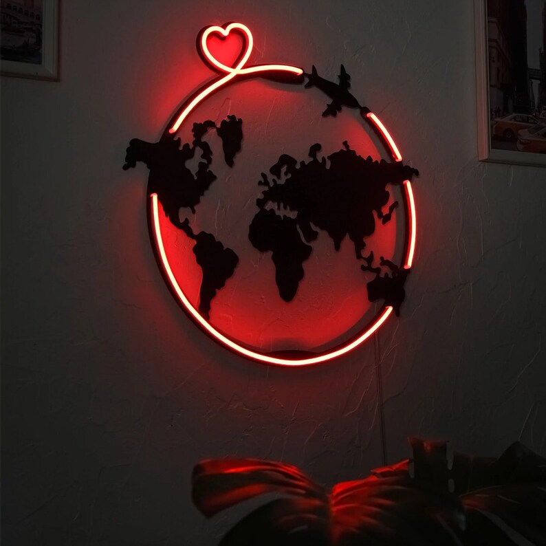 World Map Neon Sign World Map Neon Wall Art Neon Wall - Etsy