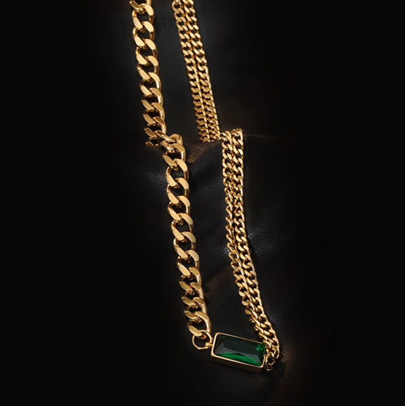 Emerald Chain Necklace Baguette Linked Chain Green Gemstone | Etsy
