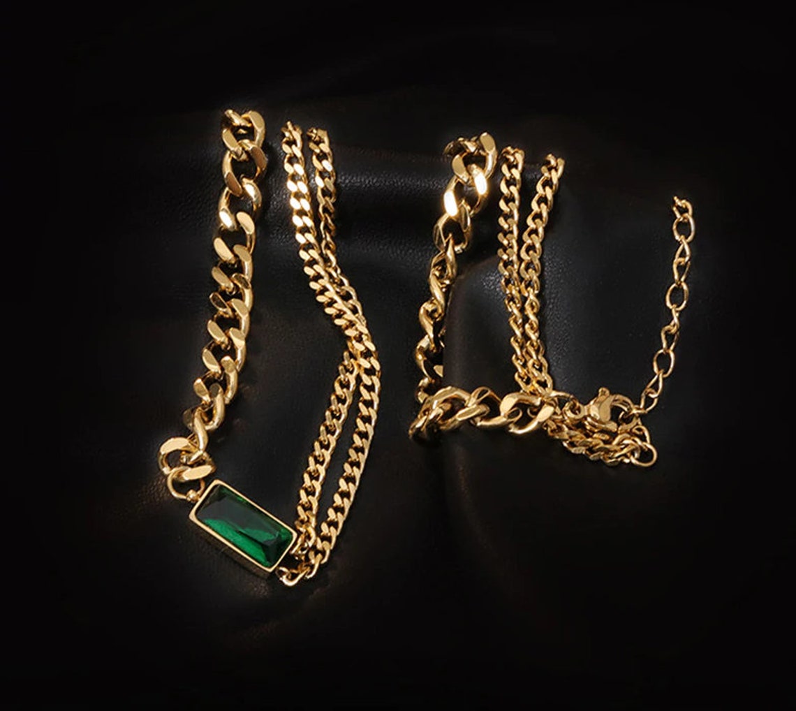 Emerald Chain Necklace Baguette Linked Chain Green Gemstone | Etsy