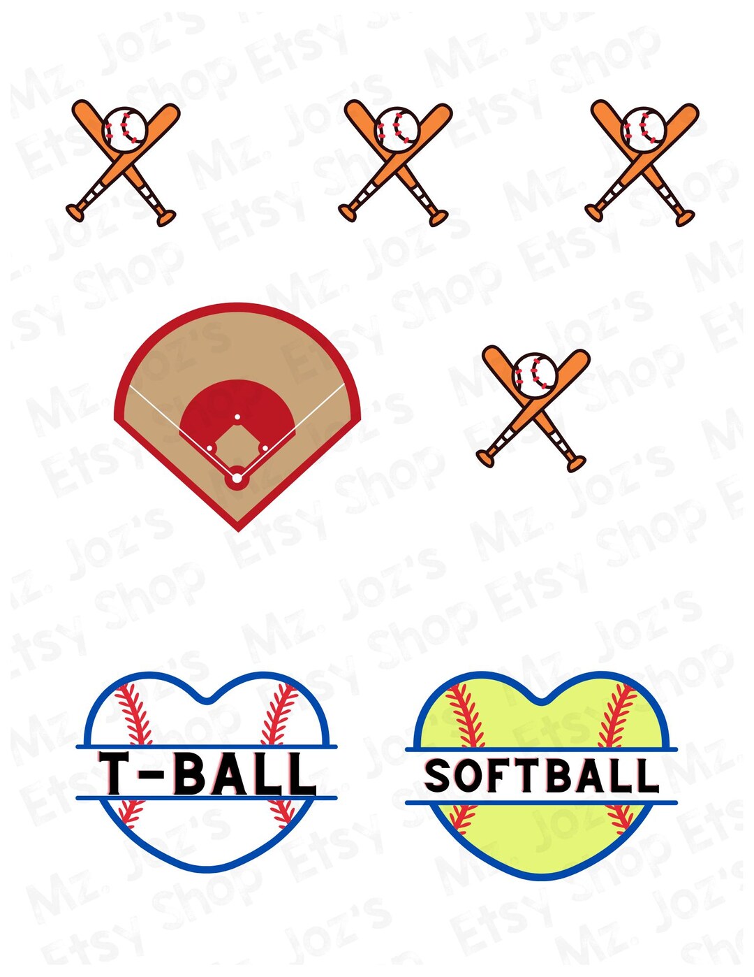 T-ball, Softball Digital Print, Clip Art, Baseball Heart, Mound, Bats ...