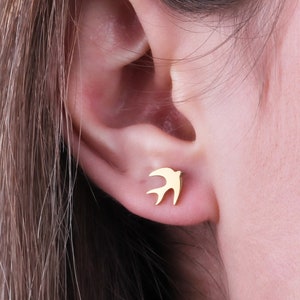 Flying Swallow Stud Earrings 14K Solid Gold Bird Earrings Handmade ...