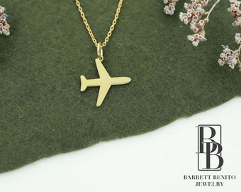 14K Solid Gold Airplane Necklace, Outline Airplane Jewelry, Real Gold ...