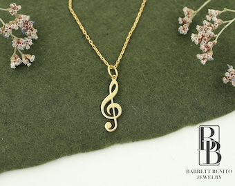 14K Solid Gold Treble Clef Charm Necklace, Jewelry for Musicians, Gold ...