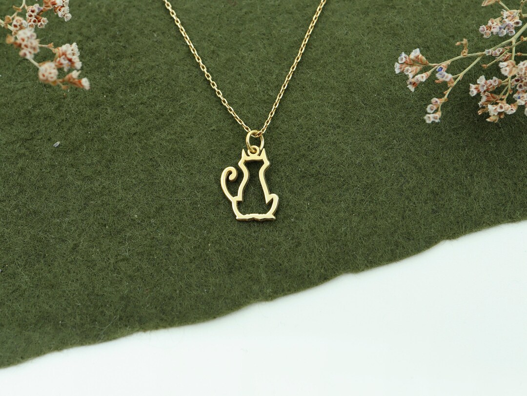 Cat Outline Necklace in 14K Solid Gold, Dainty Cat Necklace, Cat Themed ...