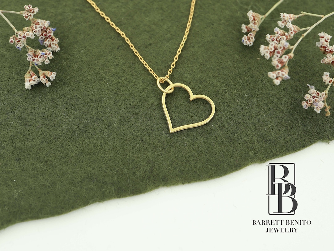14K Solid Gold Simple Heart Necklace, Real Gold Open Heart Pendant ...