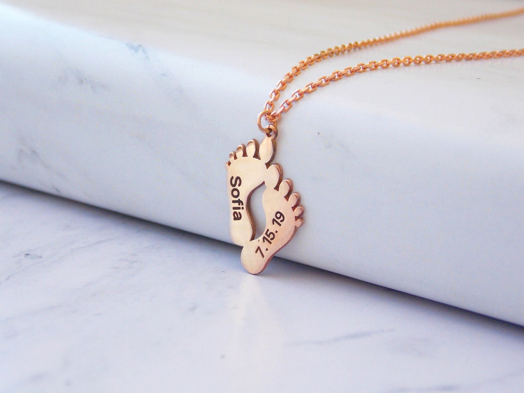 Personalized 14K Solid Gold Baby Feet Necklace: Name & Birthday ...