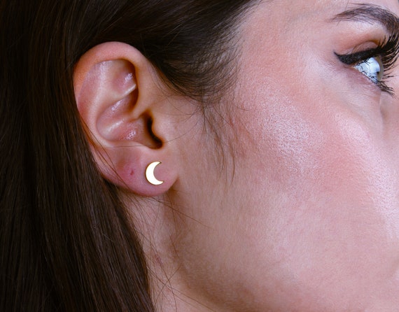 14K Solid Gold Moon Earrings Gold Crescent Moon Stud | Etsy
