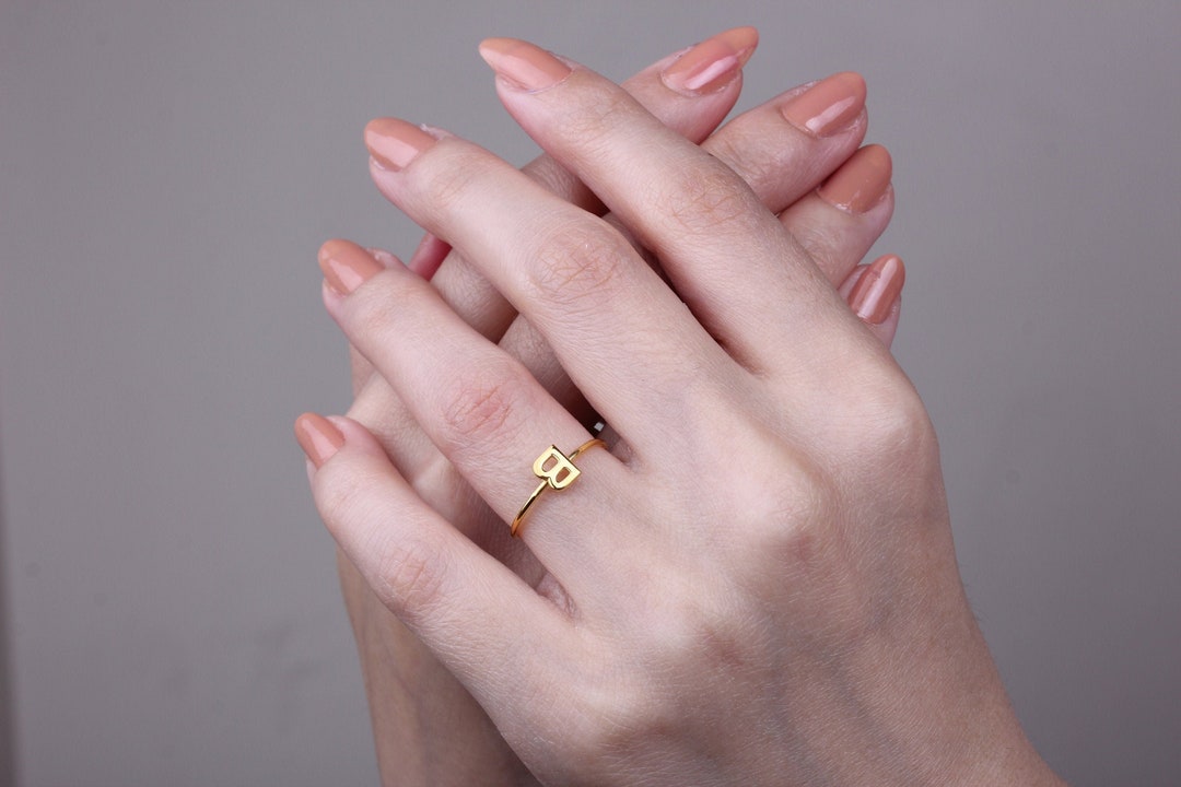 14K Solid Gold Initial Ring: Custom Letter, Handmade - Etsy
