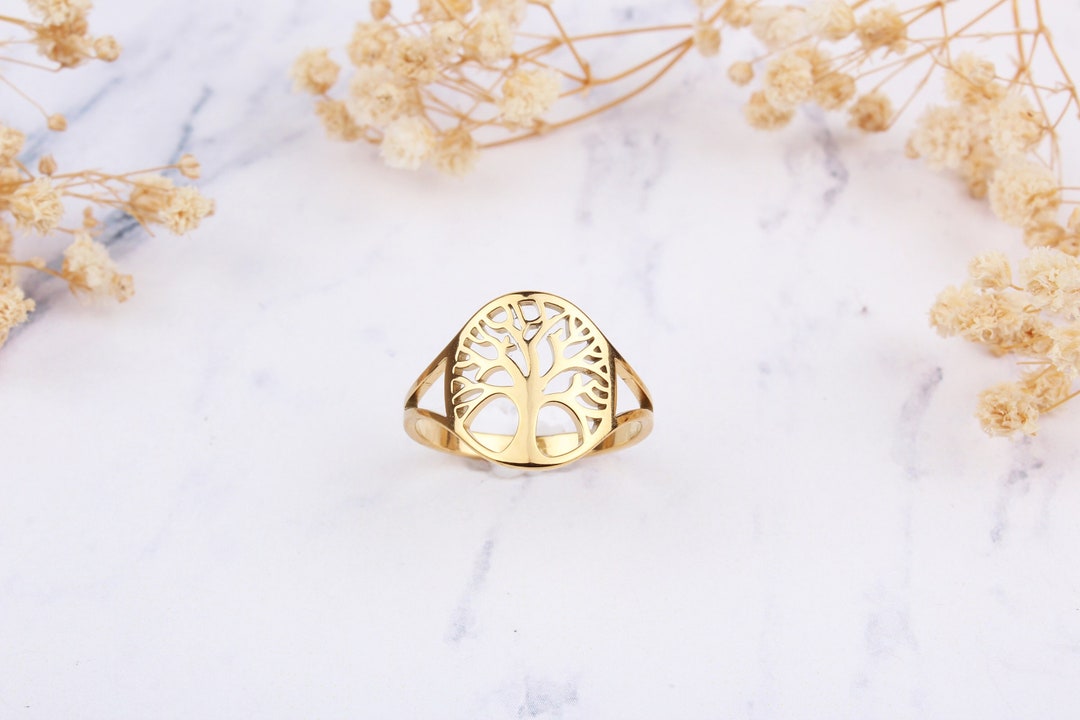 14K Solid Gold Tree of Life Ring: Engraved Filigree, Spiritual Jewelry ...