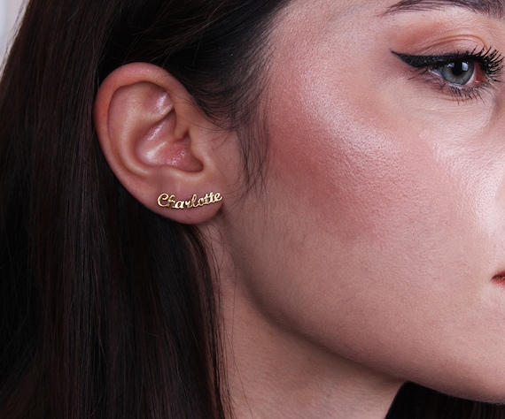 14K Solid Gold Name Earrings Custom Earrings custom Name Earrings Personalized 14K Gold Name Earrings christmas Gifts Cute Earrings Etsy