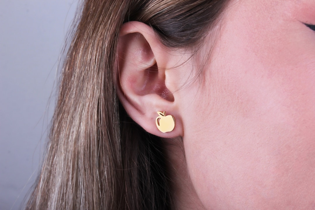 14K Solid Gold Gold Apple Stud Earrings, Gift for Her, Gift for Teacher ...