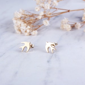 Flying Swallow Stud Earrings 14K Solid Gold Bird Earrings Handmade ...