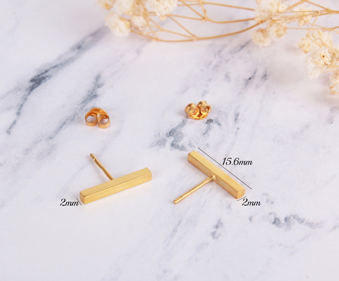 14K Solid Gold Bar Stud Earrings, Minimal Earrings, Bridesmaid Earrings ...