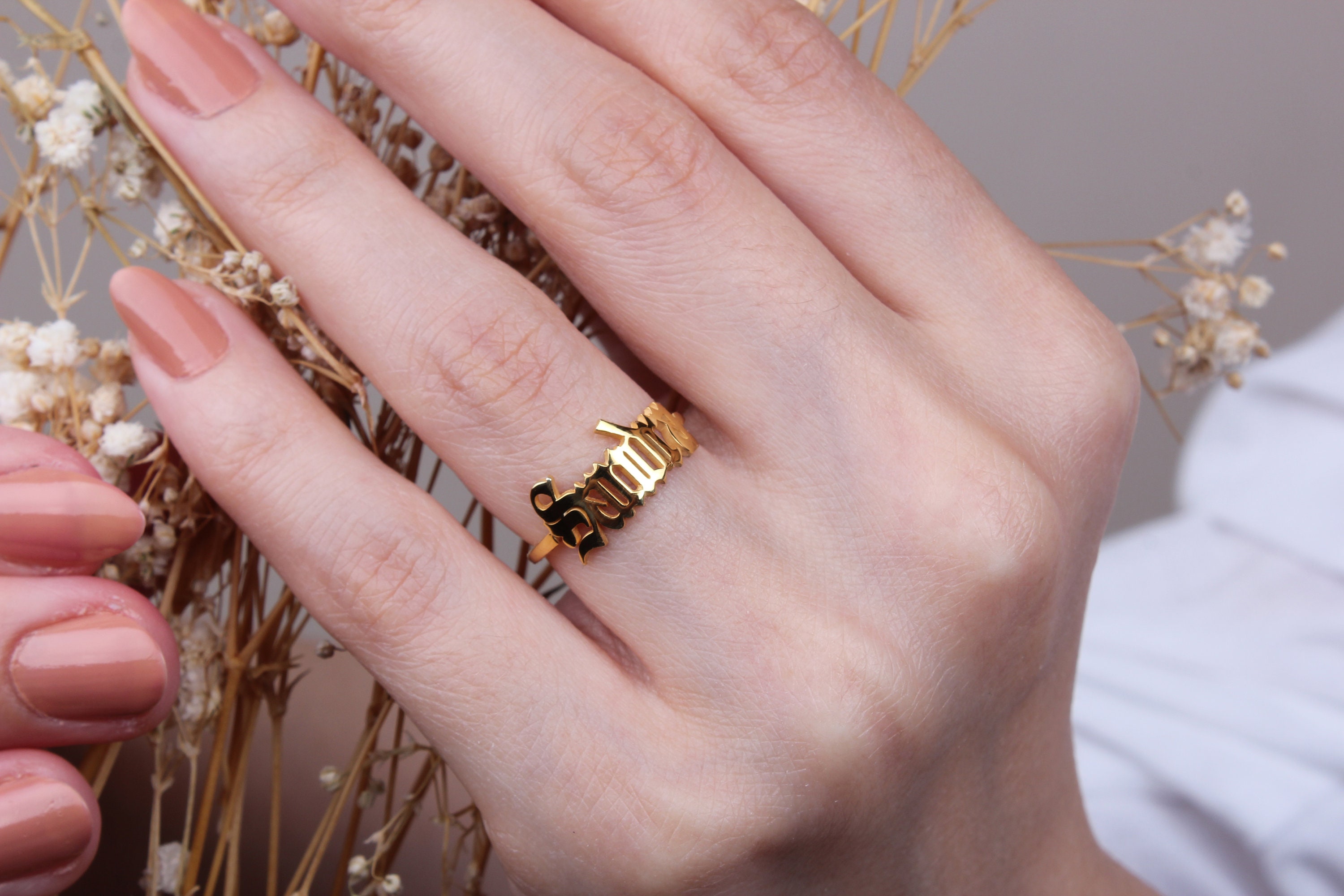 14K Solid Gold Old English Name Ring Name Ring Custom Ring | Etsy