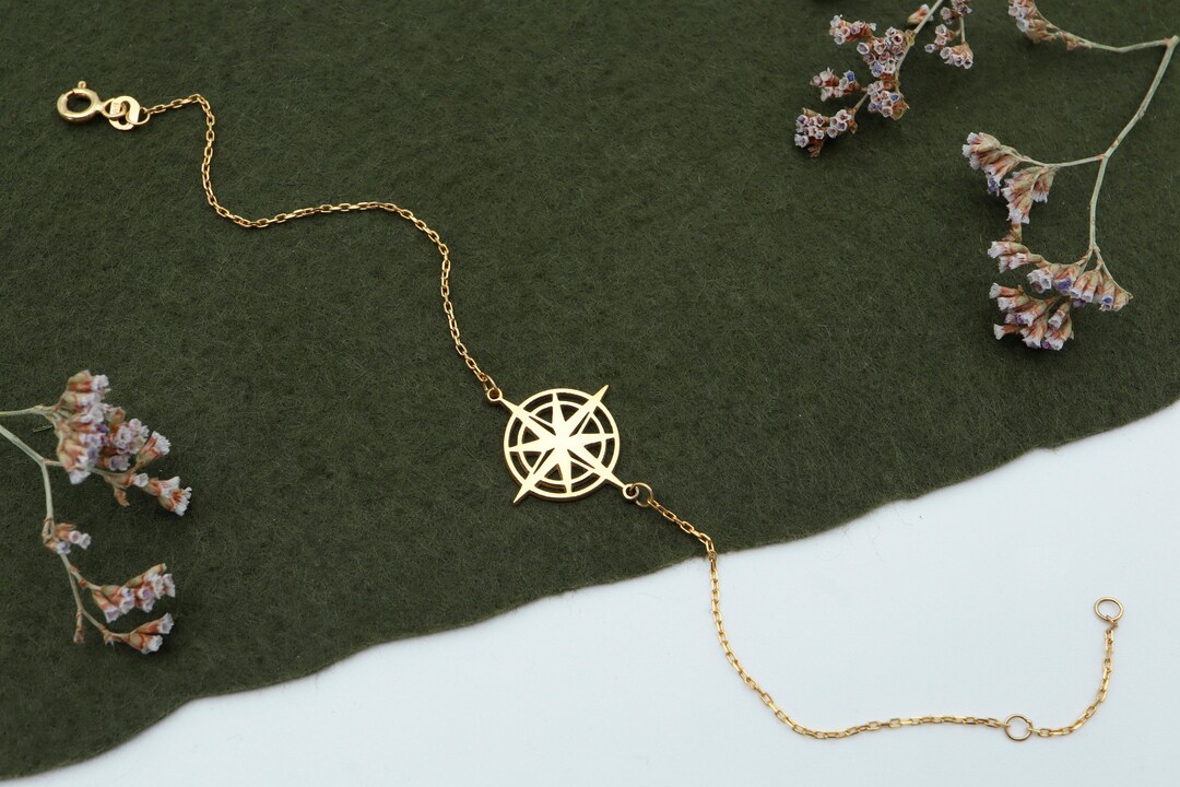 14K Gold Compass Bracelet, Gold Compass Jewelry, 925K Silver Traveler ...