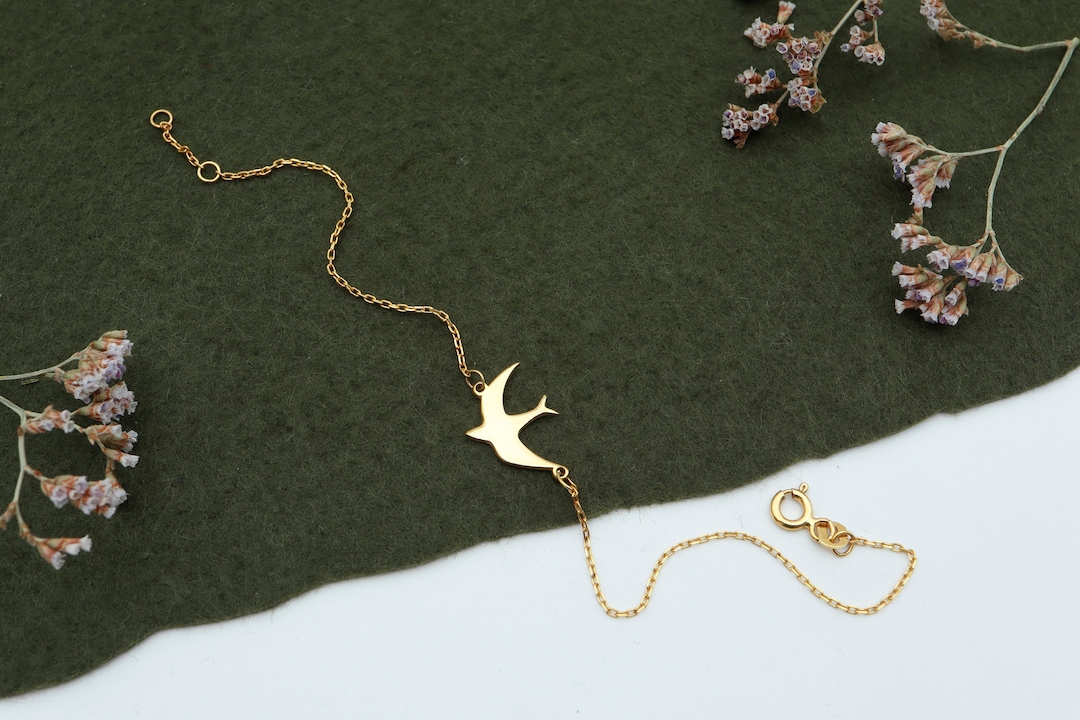 Flying Swallow Bracelet in 14K Solid Gold, Real Gold Bird Bracelet ...