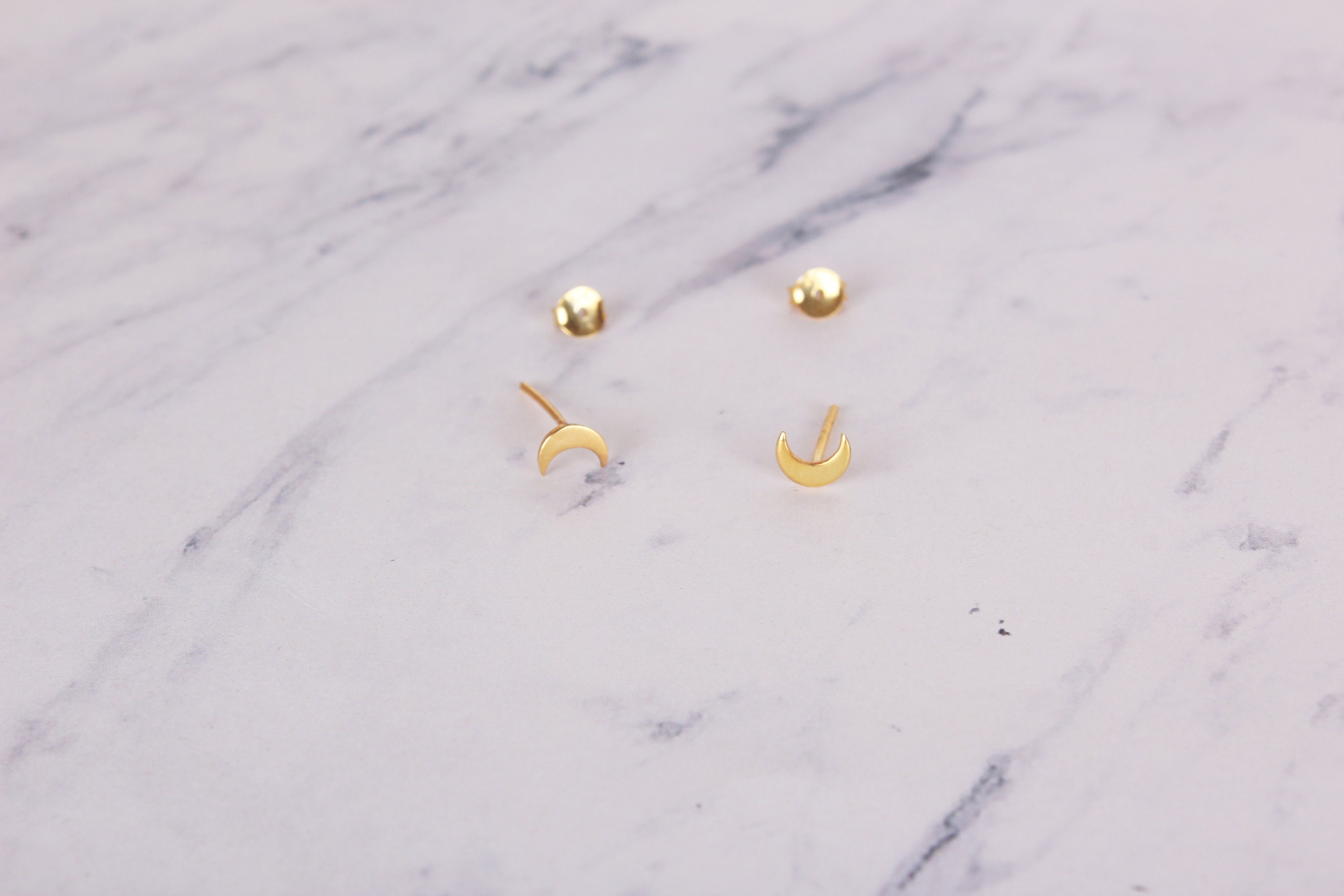 14K Solid Gold Moon Earrings Gold Crescent Moon Stud | Etsy