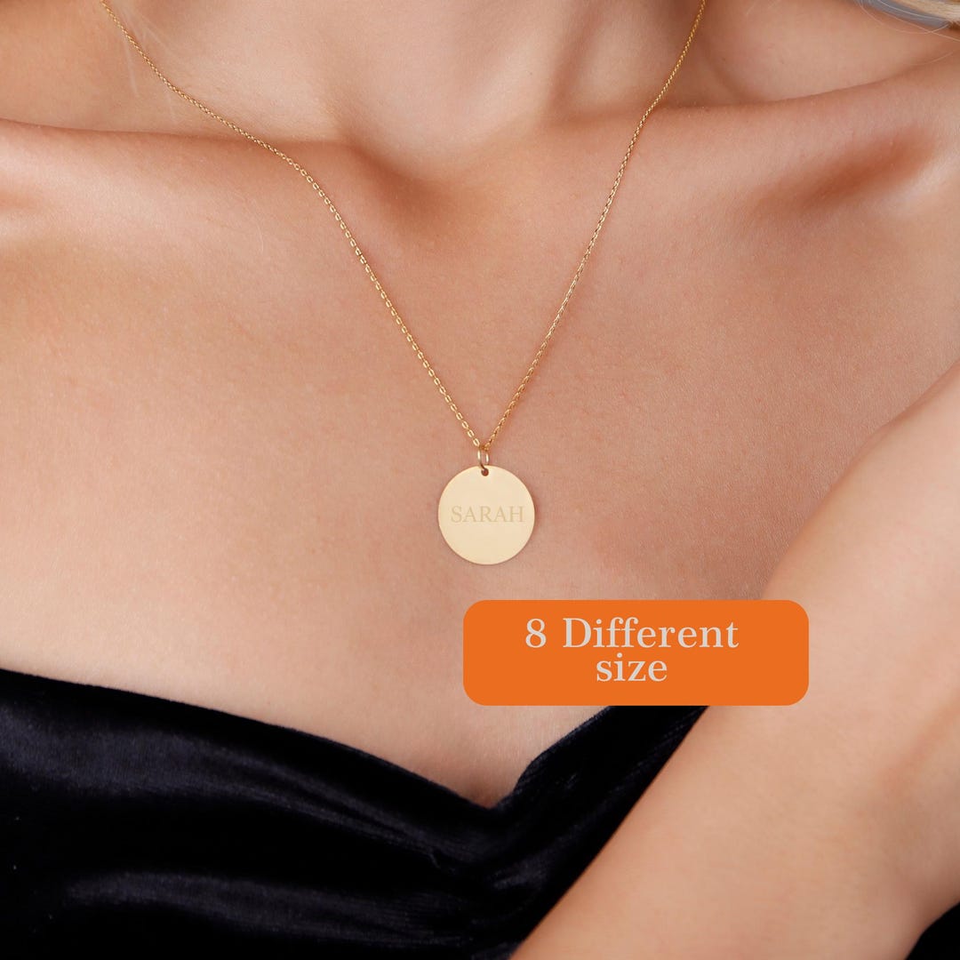 14K Solid Custom Engrave Disk Necklace,personalized Dainty Solid Gold ...