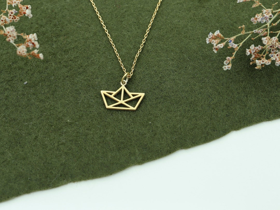 14K Solid Gold Origami Boat Necklace: Geometric Paper Boat Pendant ...