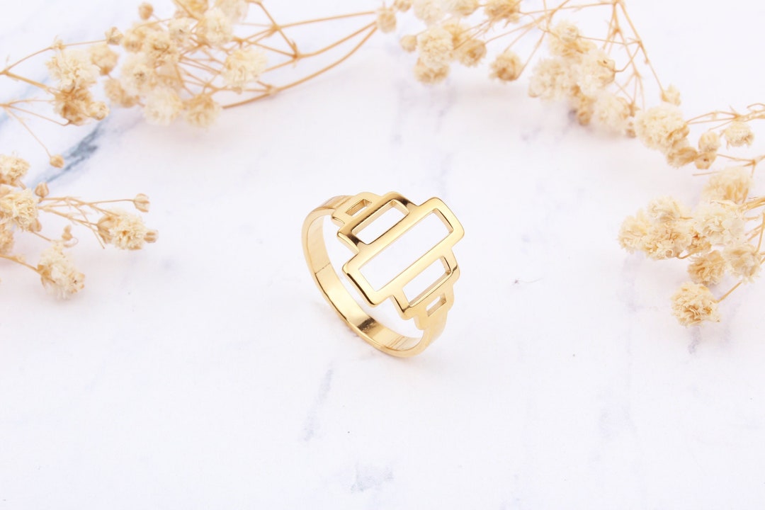 14K Solid Gold Geometric Rectangle Ring, Modern Geometric Ring, Multi ...
