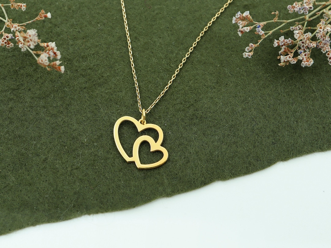 14K Solid Gold Two Heart Necklace, Heart Link Pendant, Interlocking ...