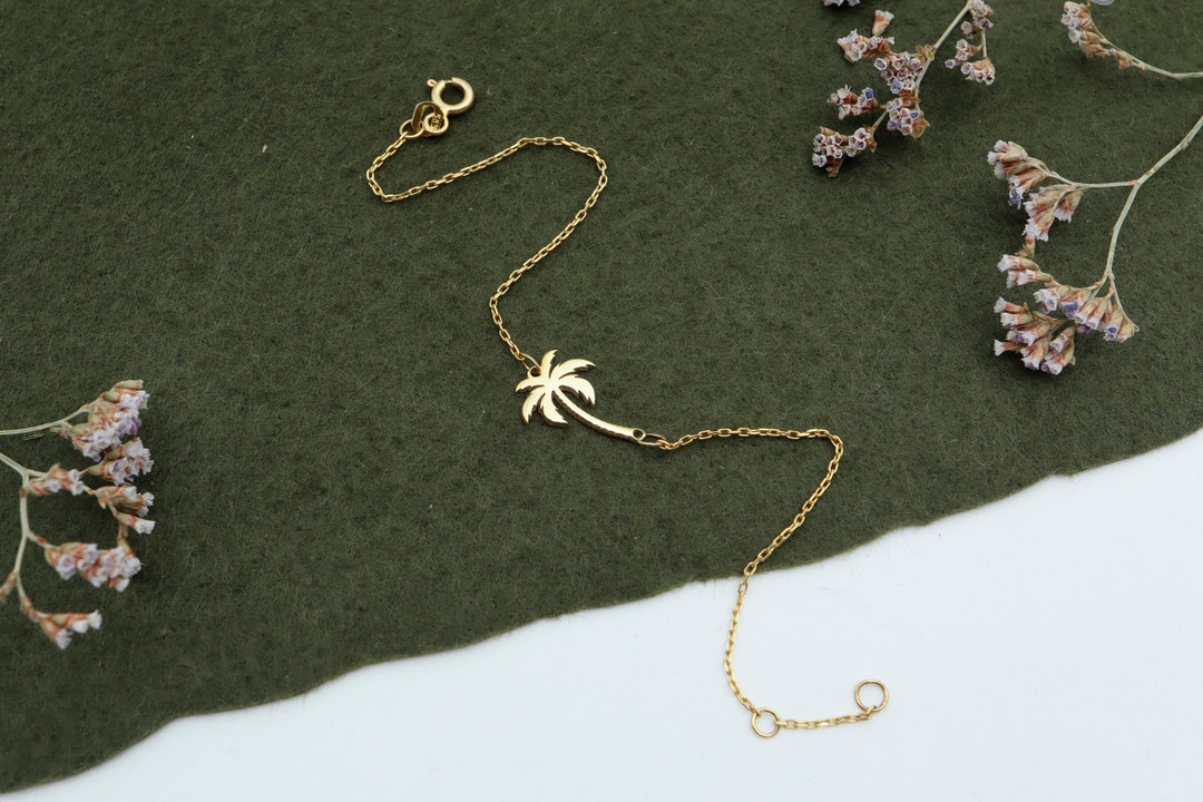 14K Solid Gold Palm Tree Bracelet: Dainty Summer Jewelry Valentines Day ...