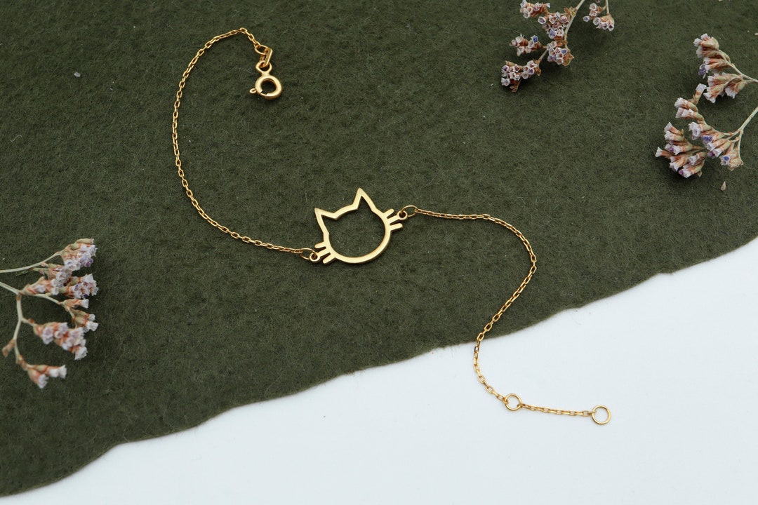 Dainty 14K Solid Gold Cat Bracelet: Handmade Charm Jewelry - Etsy
