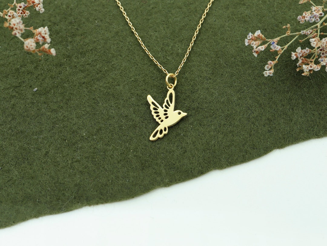 Dainty 14K Solid Gold Bird Necklace: Handmade Hummingbird Charm ...