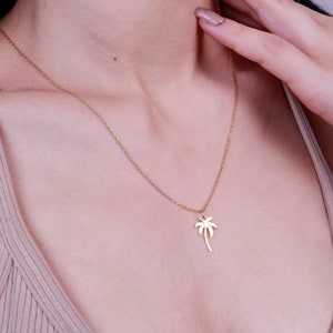 14K Solid Gold Palm Tree Necklace, Real Gold Dainty Palm Pendant, Palm ...