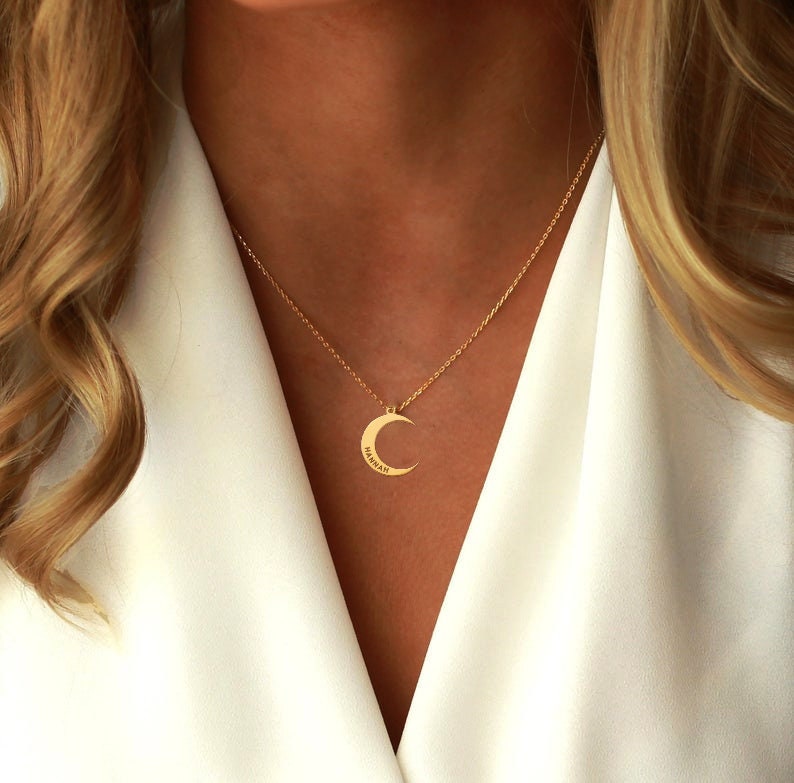 14K Solid Gold Crescent Moon Necklace: Dainty Moon Jewelry Valentines ...