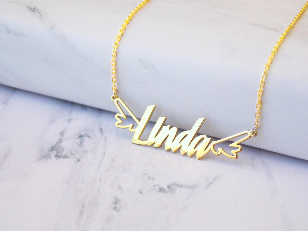 14K Gold Wings Name Necklace: Personalized Jewelry Gift Valentines Day ...