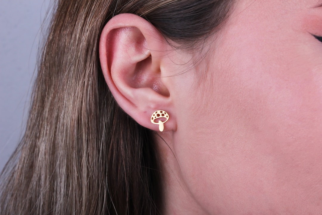 Tiny 14K Solid Gold Mushroom Stud Earrings: Handmade Fungi Jewelry - Etsy
