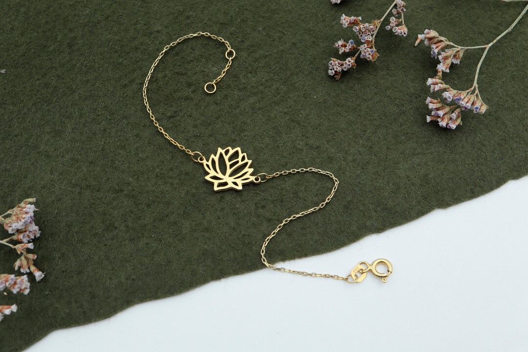 14K Solid Gold Lotus Bracelet: Handmade Silver Yoga Jewelry Valentines ...