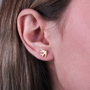 Flying Swallow Stud Earrings 14K Solid Gold Bird Earrings Handmade ...