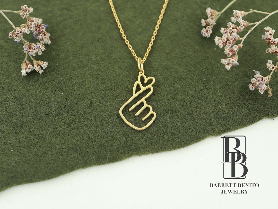 14K Solid Gold Korean Love K-pop Charm Necklace, BTS Korean Finger ...