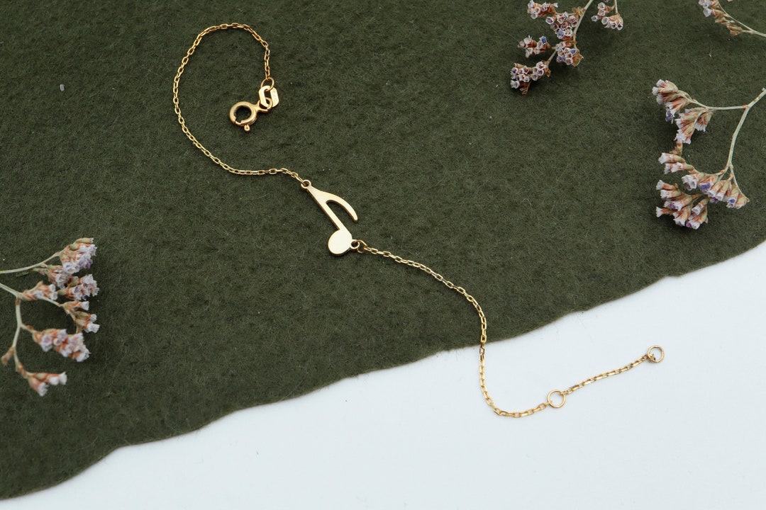 14K Solid Gold Music Note Charm Bracelet, Jewelry for Musicians, Gold ...