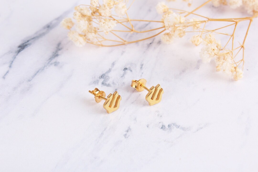 14k Solid Gold Trident Studs Earrings, Real Gold Tiny Three Pronged ...