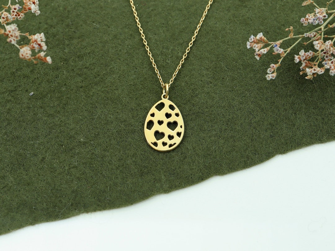 Easter Egg Necklace in 14K Solid Gold, Egg Pendant With Heart, Cute ...