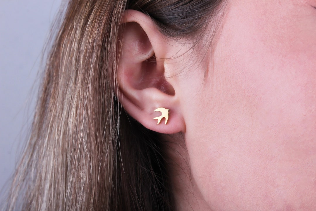 Flying Swallow Stud Earrings 14K Solid Gold Bird Earrings Handmade ...