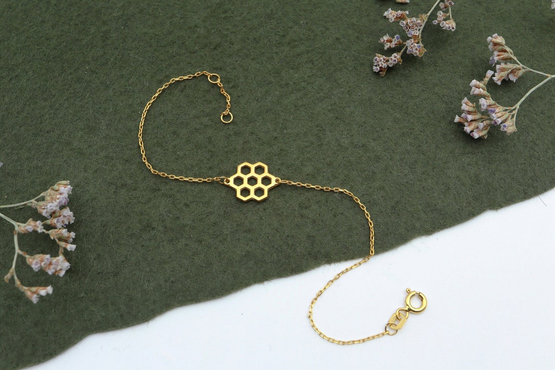 14K Solid Gold Honeycomb Bracelet, Honeycomb Hexagon Bracelet, Delicate Gold Beehive Jewelry ...