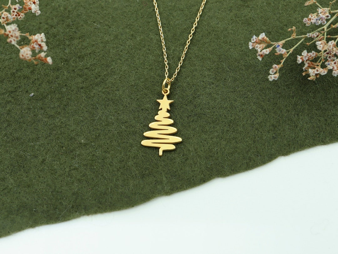 14K Solid Gold Christmas Tree Necklace: Dainty Charm, Noel Gift ...