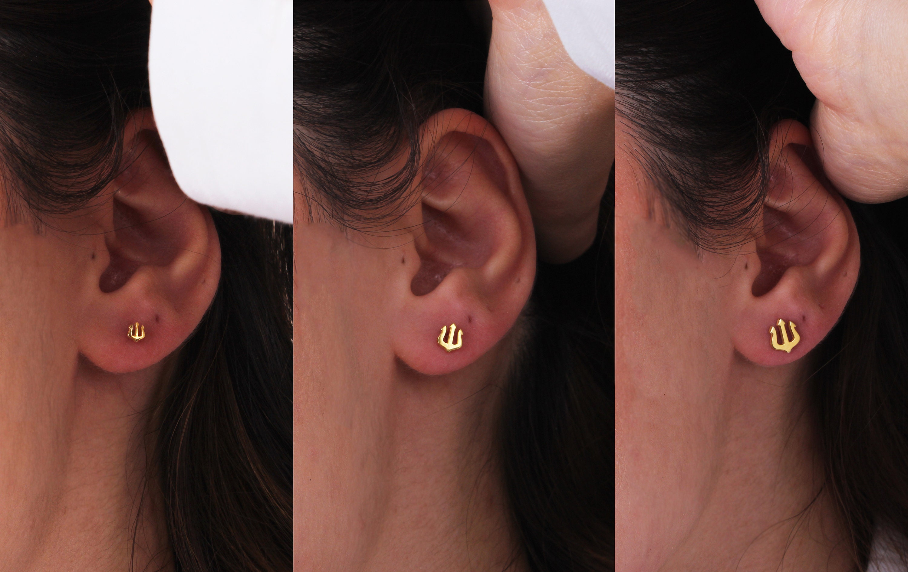 14k Solid Gold Trident Stud Earrings: Three-pronged Spear Design - Etsy UK