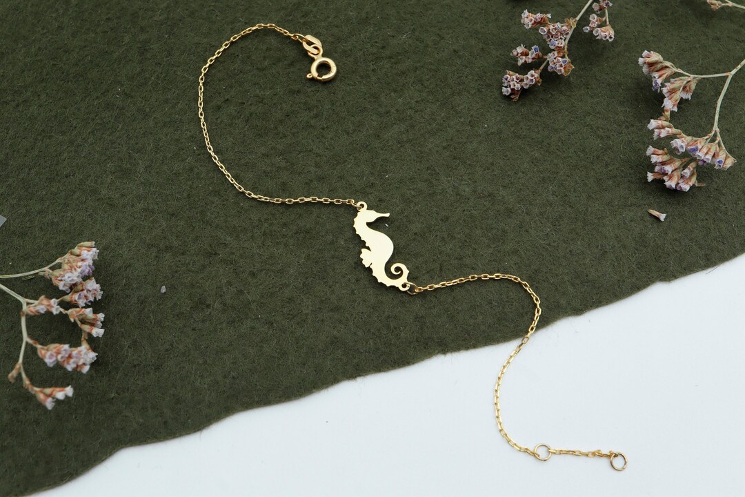 14K Solid Gold Seahorse Bracelet, Gold Cute Seahorse Jewelry ...